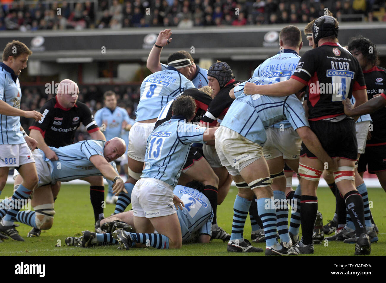 Bristol's David Blaney (no 2) scores a try during the EDF Energy Cup ...