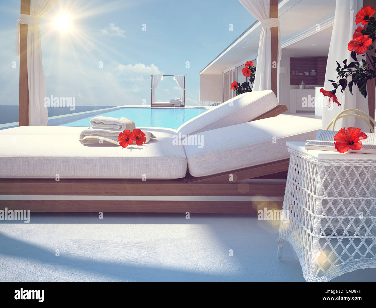 luxury swimming pool with hibiscus flower. color edit. 3d rendering ...