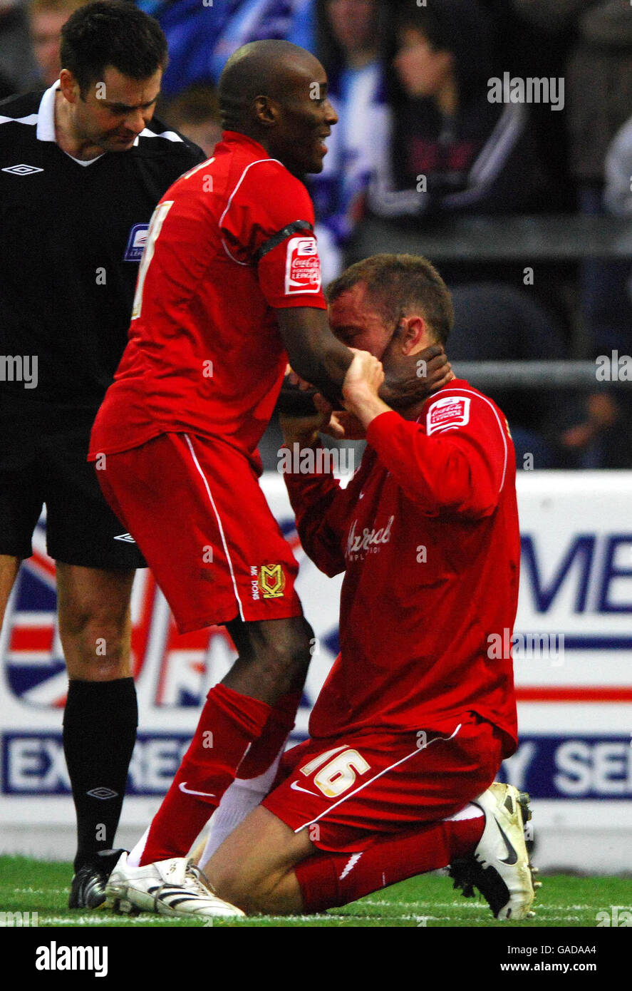 Milton Keynes Don's Lloyd Dyer and Aaron Wilbraham celebrate their ...