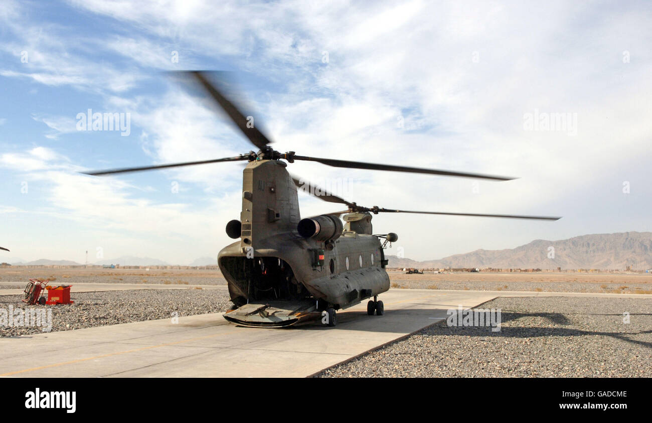 A RAF Chinnock Helicopter sits at the Heliport dubbed 'Heathrow' at ...