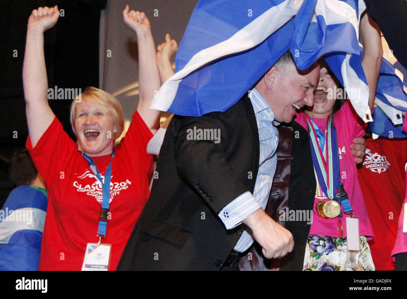 Rhona Martin (left), former First Minister Jack McConnell and athlete ...