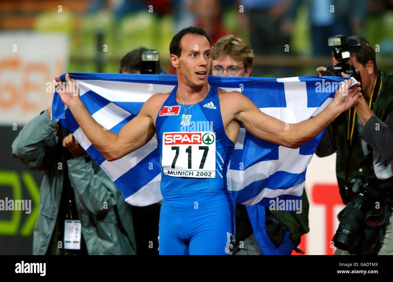 Greeces konstadinos kederis celebrates winning gold in mens 200m final ...