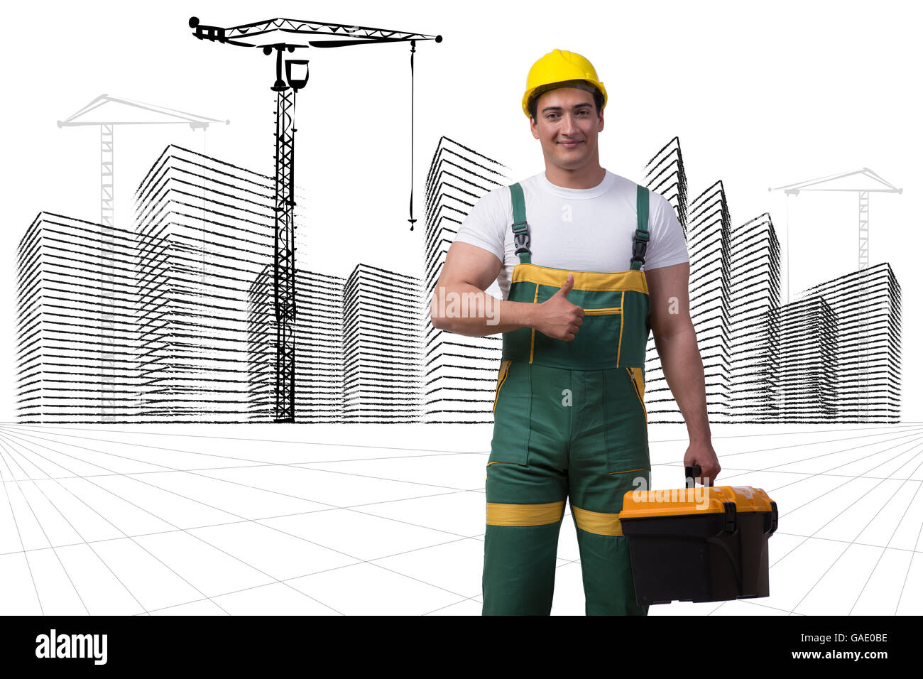 Construction man with hand drawn buildings Stock Photo - Alamy