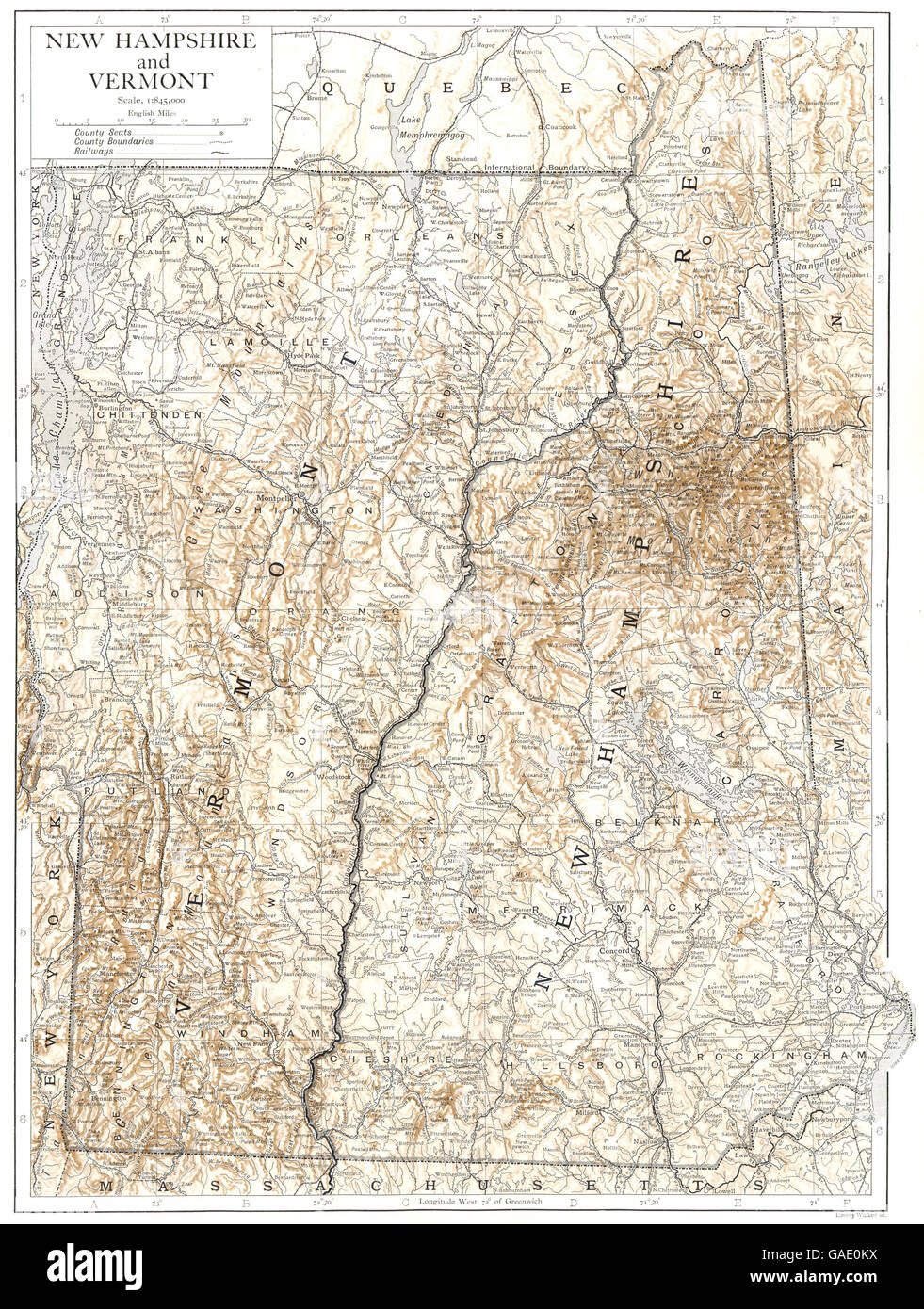 New Hampshire and Vermont: state map showing counties, 1910 Stock Photo ...