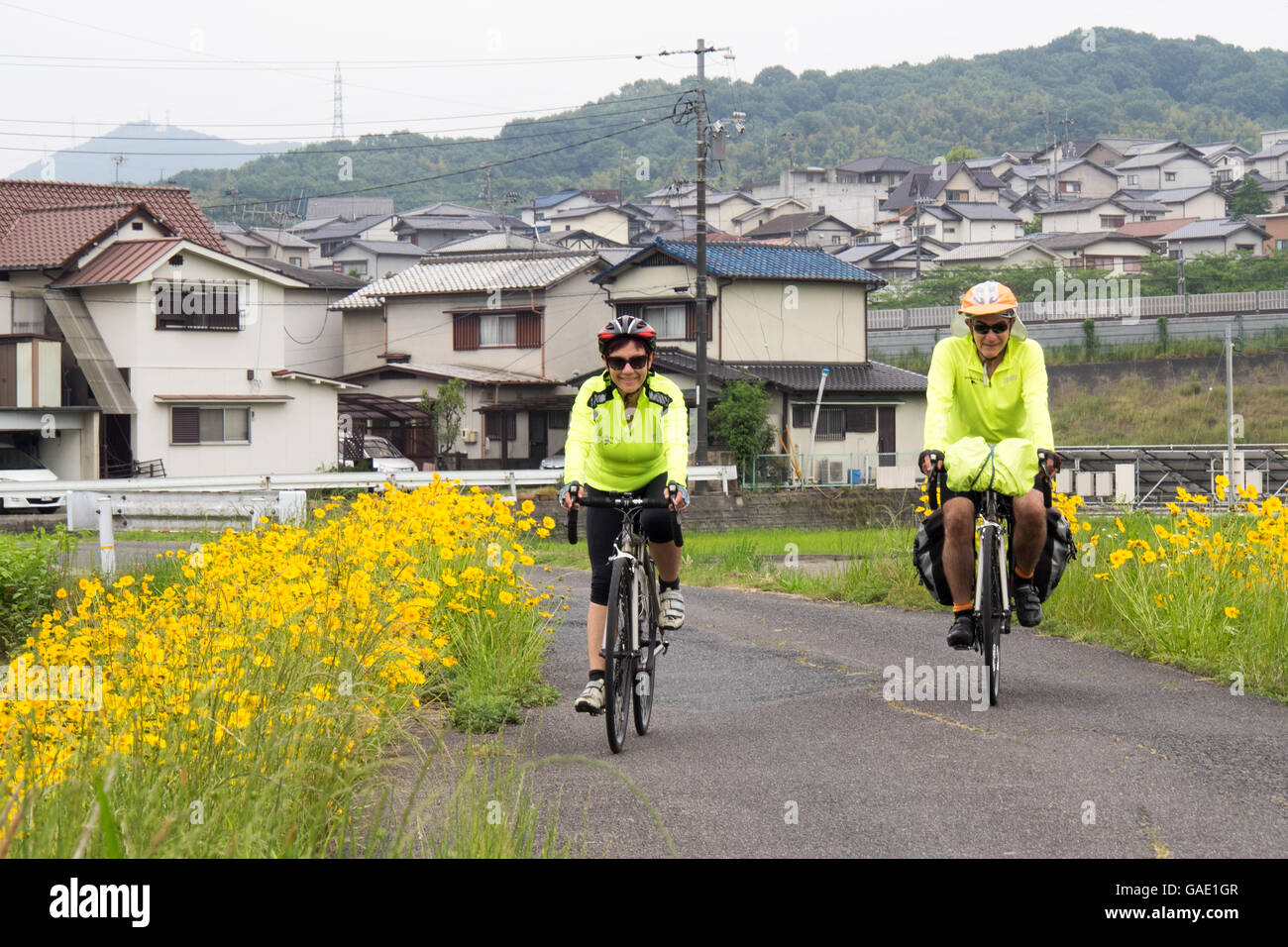 Two touring cyclists cycling in the Japanese countryside Stock Photo ...
