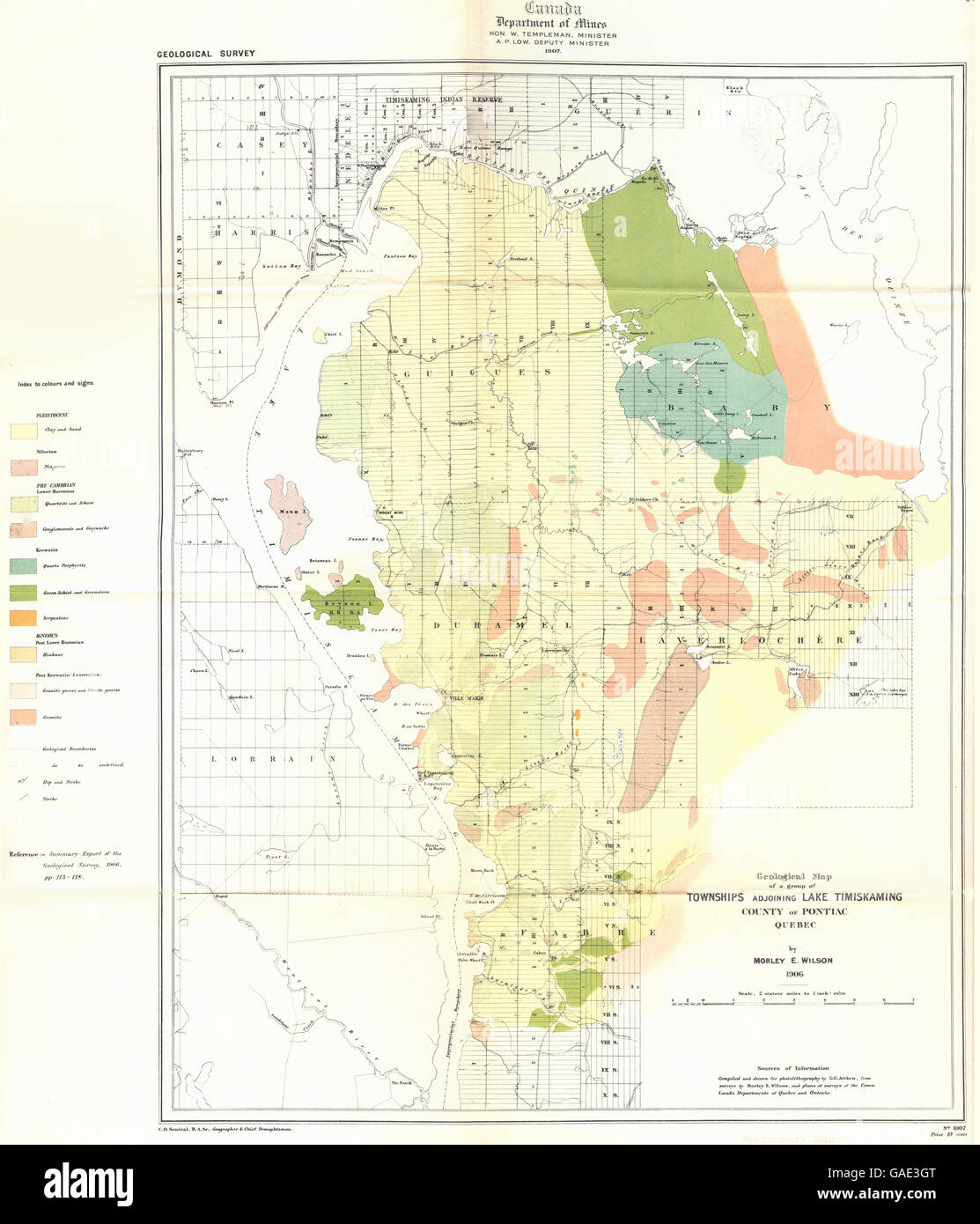 CANADA: Geological map of a Townships lake Timiskaming Pontiac Quebec ...