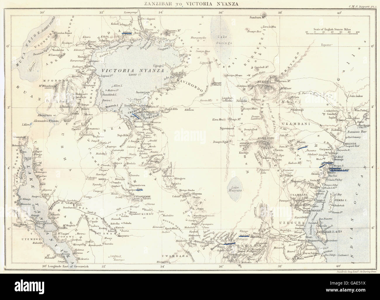TANZANIA: Zanzibar to Victoria Nyanza. RGS map, 1883 Stock Photo - Alamy