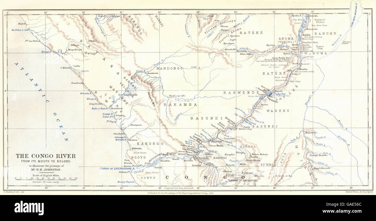 CONGO: The Congo river form its Mouth to Bolobo. RGS map, 1883 Stock ...