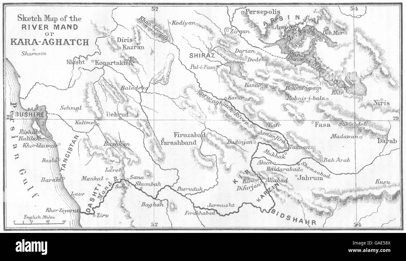 IRAN: Sketch map of the River Mand or Kara-Aghatch. RGS map, 1883 Stock ...