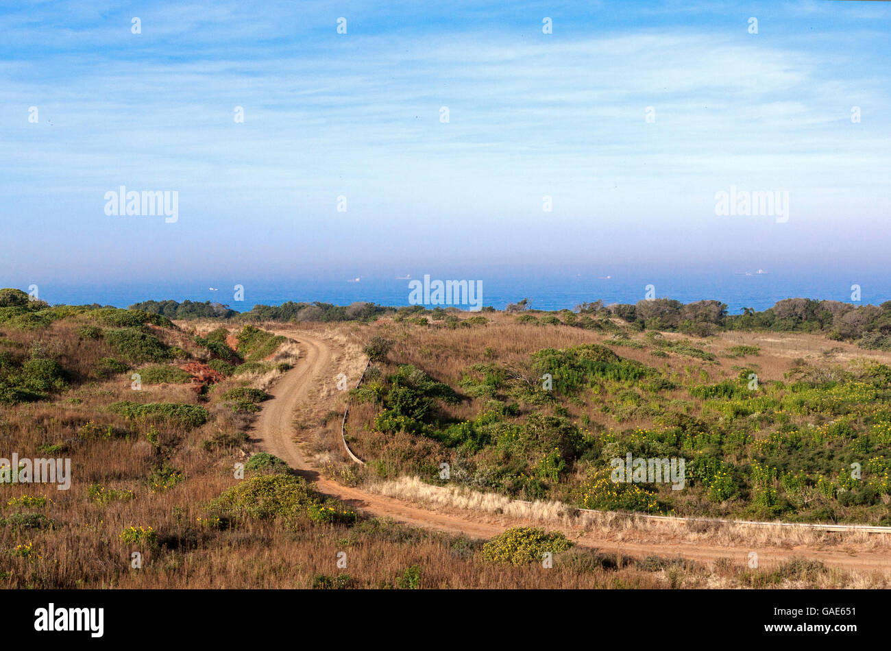 Dirt road winding through natural vegetation towards ocean skyline and ...