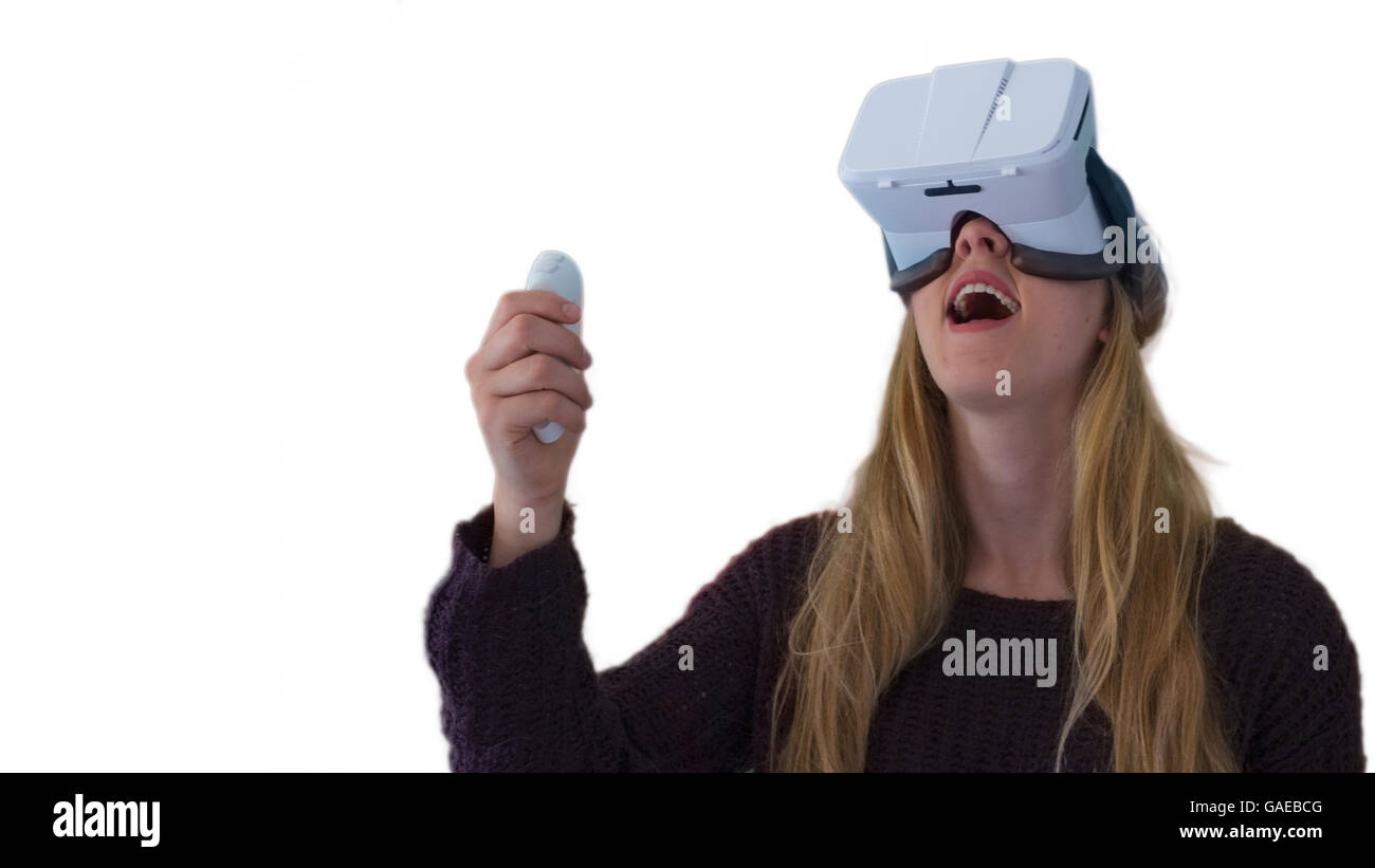Woman using VR headset Stock Photo - Alamy
