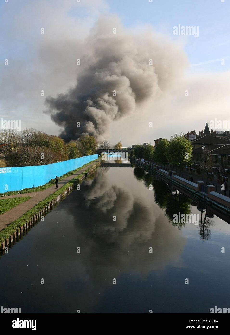 Smoke bellows from a huge fire on the 2012 Olympic site in Stratford ...