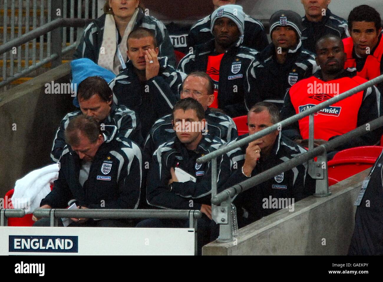 England manager Steve McClaren (left) and the England bench look ...