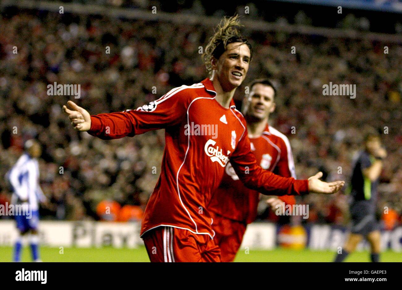 Liverpool's Fernando Torres celebrates scoring the opening goal Stock ...