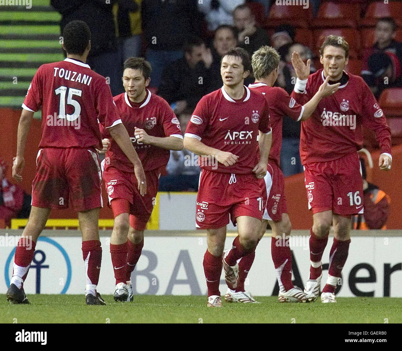 Aberdeen players celebrate a goal scored by Lee Miller during the ...