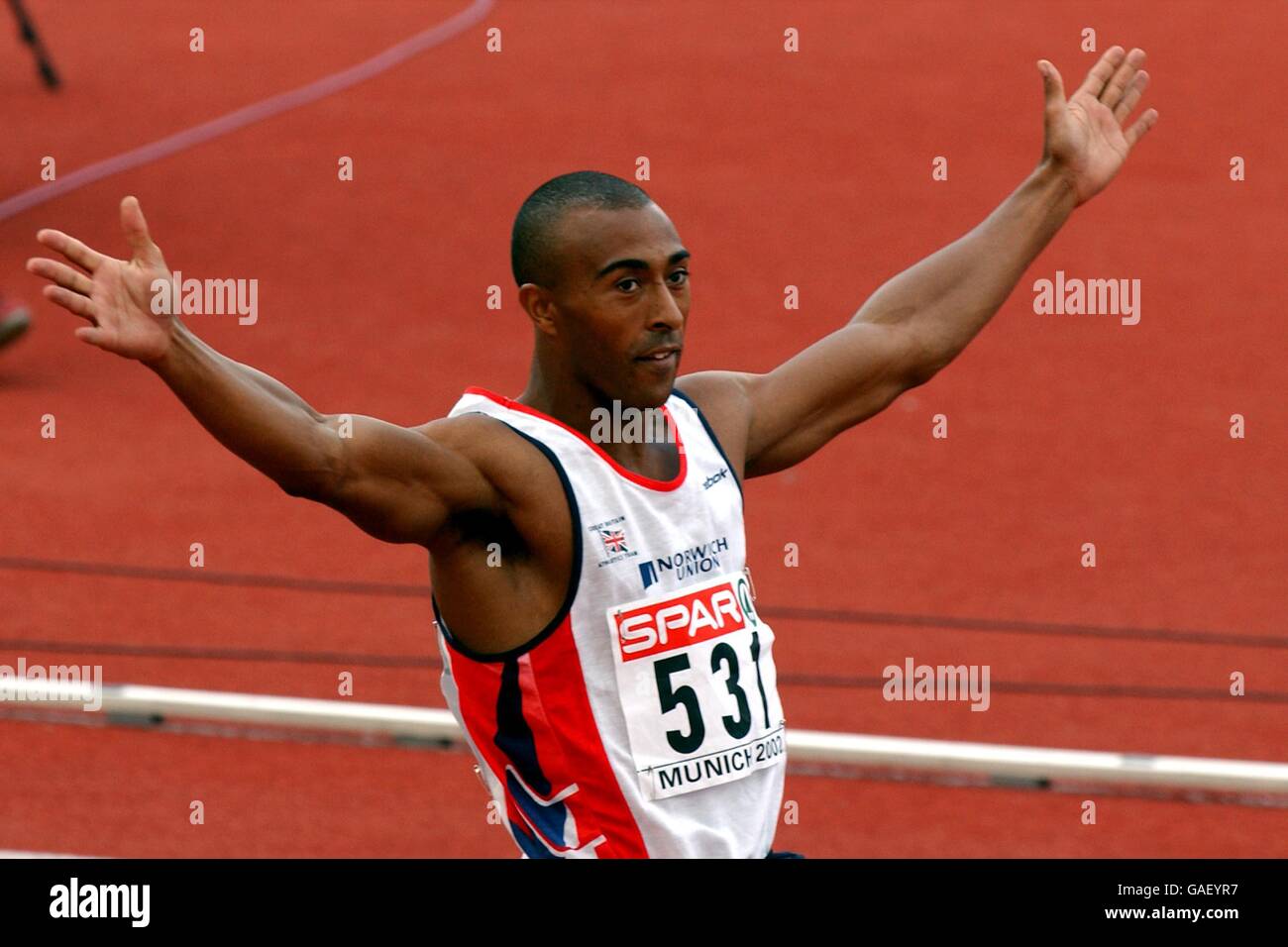 Colin jackson celebrates winning gold in the 110m hurdles hi-res stock ...