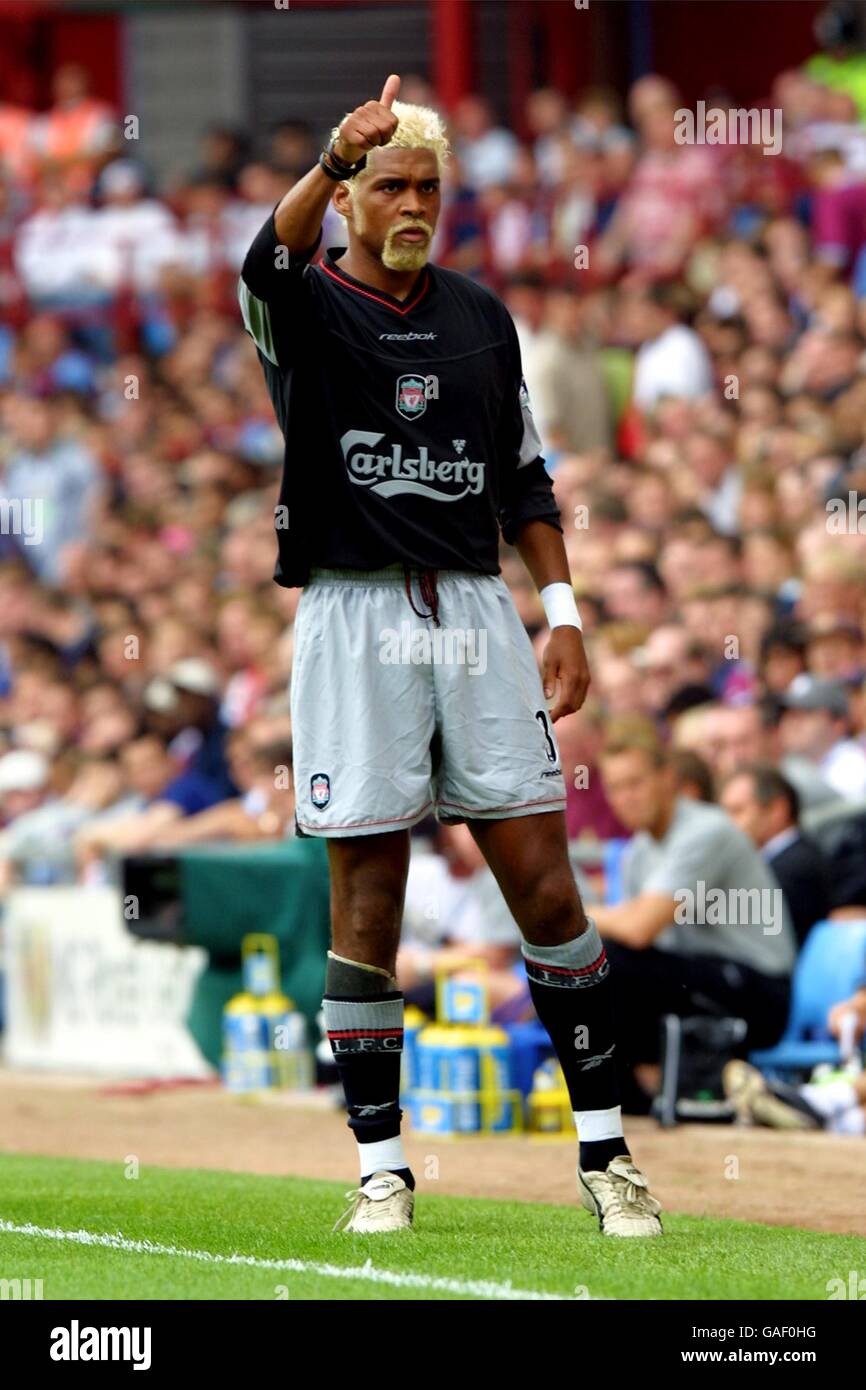 Liverpool's Abel Xavier gives the thumbs up during the game with Aston ...