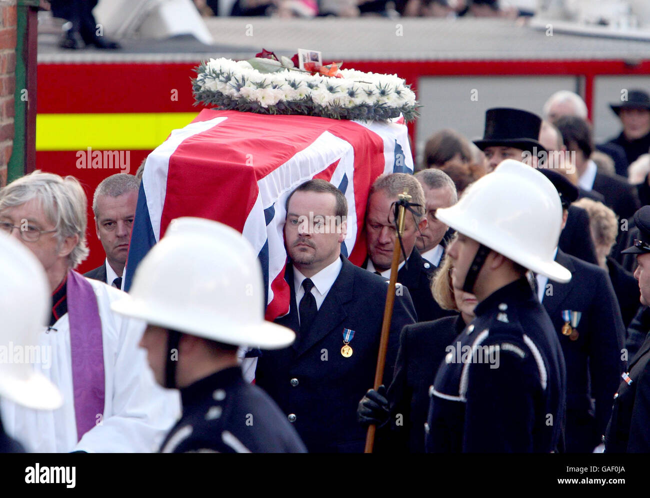 The coffin of Ashley Stephens, 20, one of four firemen killed whilst ...