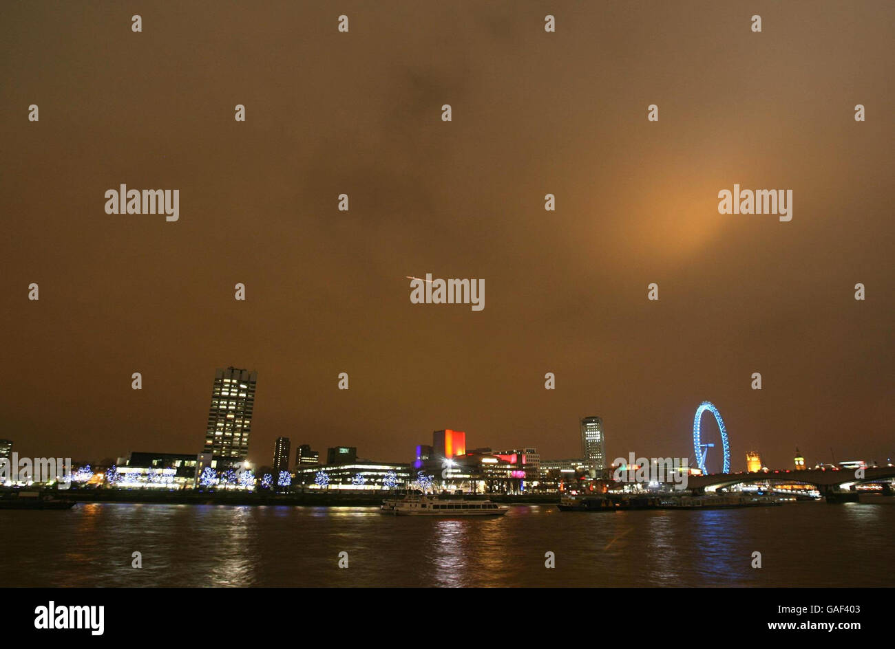 A view by night across the River Thames of the South Bank and Waterloo ...