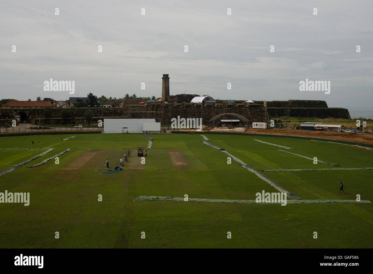 Work continues at Galle International Stadium, Galle as the groundstaff ...