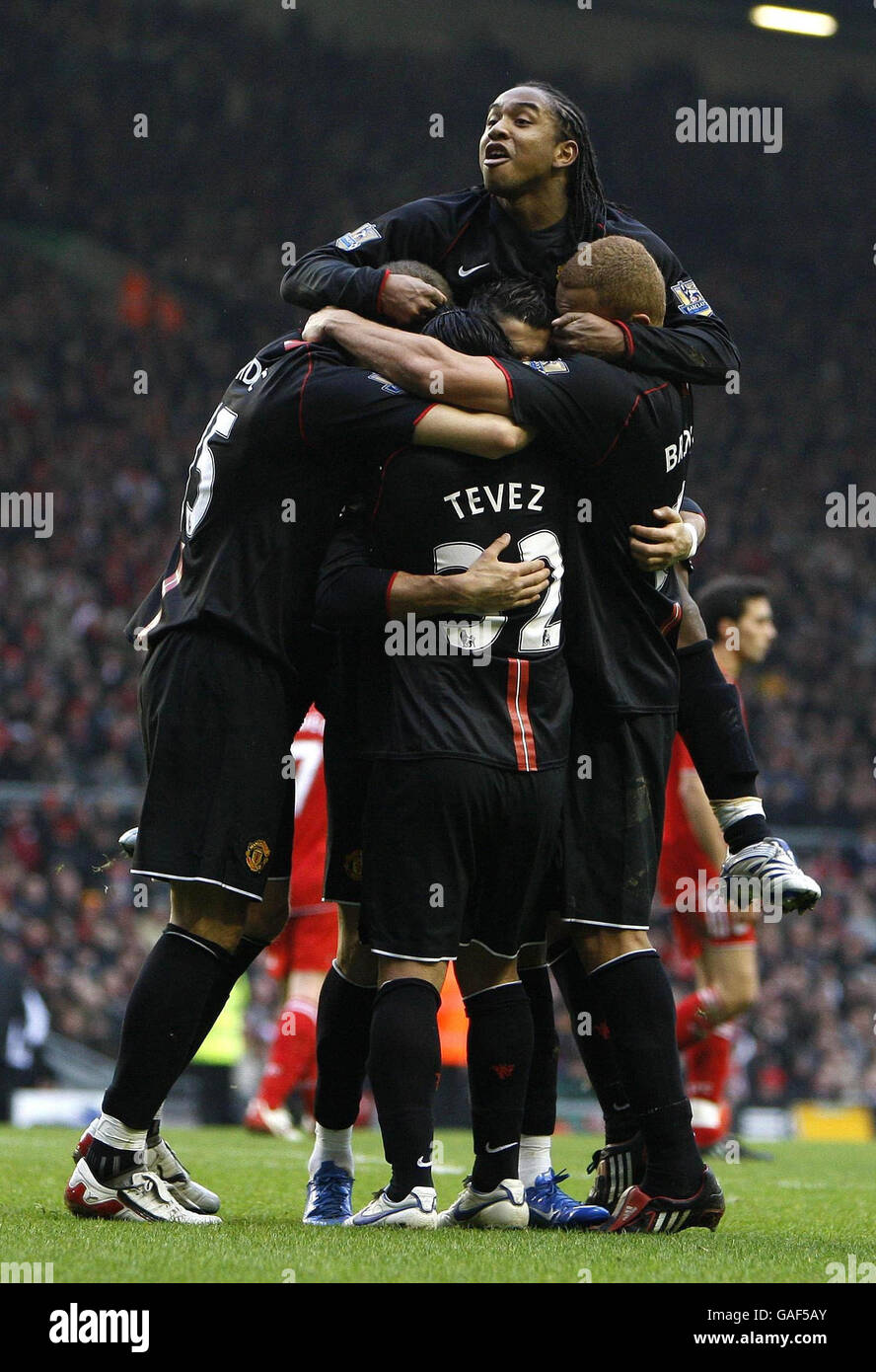 Manchester united players celebrate the opening goal hi-res stock ...