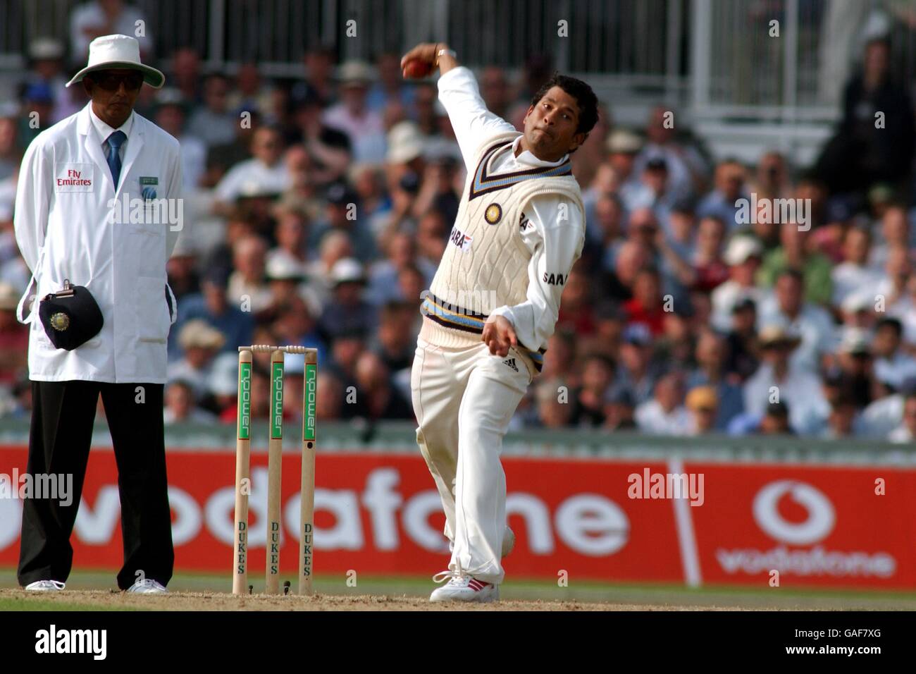 India's Sachin Tendulkar bowling against England during his 100th test ...
