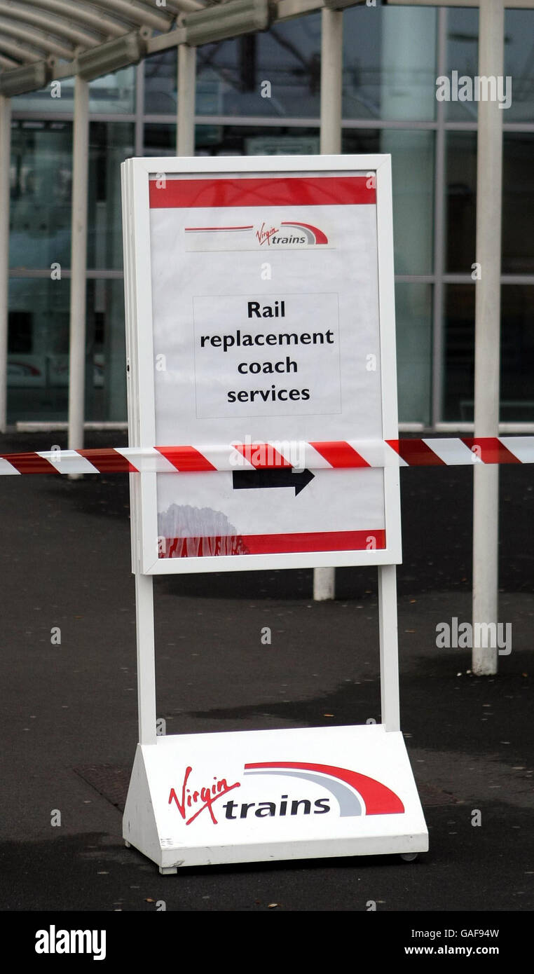 A sign diverting rail passengers to the bus replacement services at ...