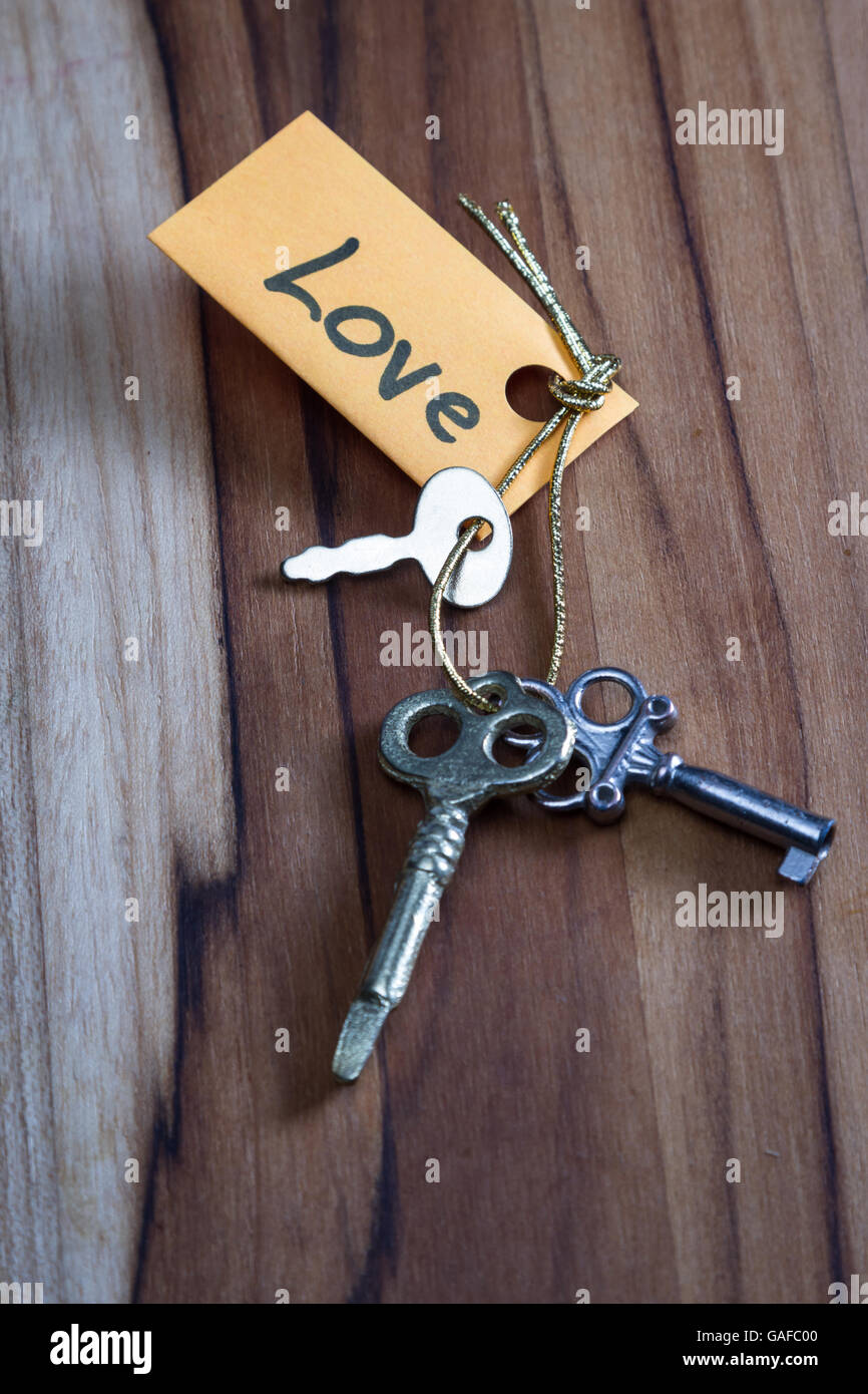 concept for a happy loving life using old decorative keys and a hand ...