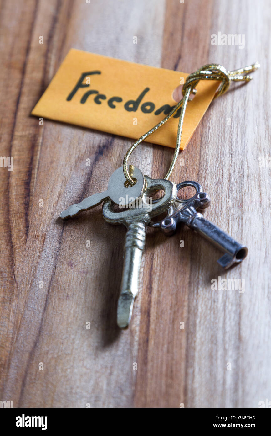 concept for a happy free life using old decorative keys and a hand ...