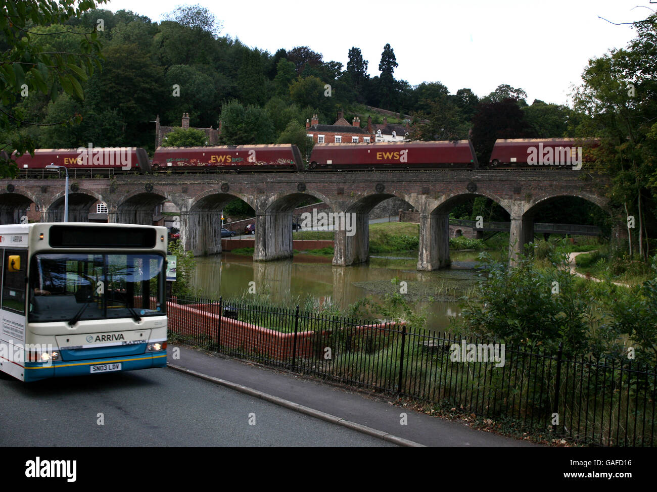 Freight train operated by EWS goes past Coalbrookdale, Shropshire ...
