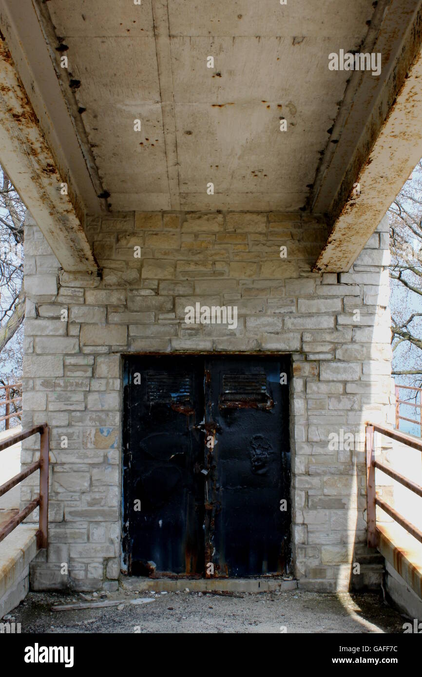 A service door under a pedestrian bridge to the lakefront in Chicago ...