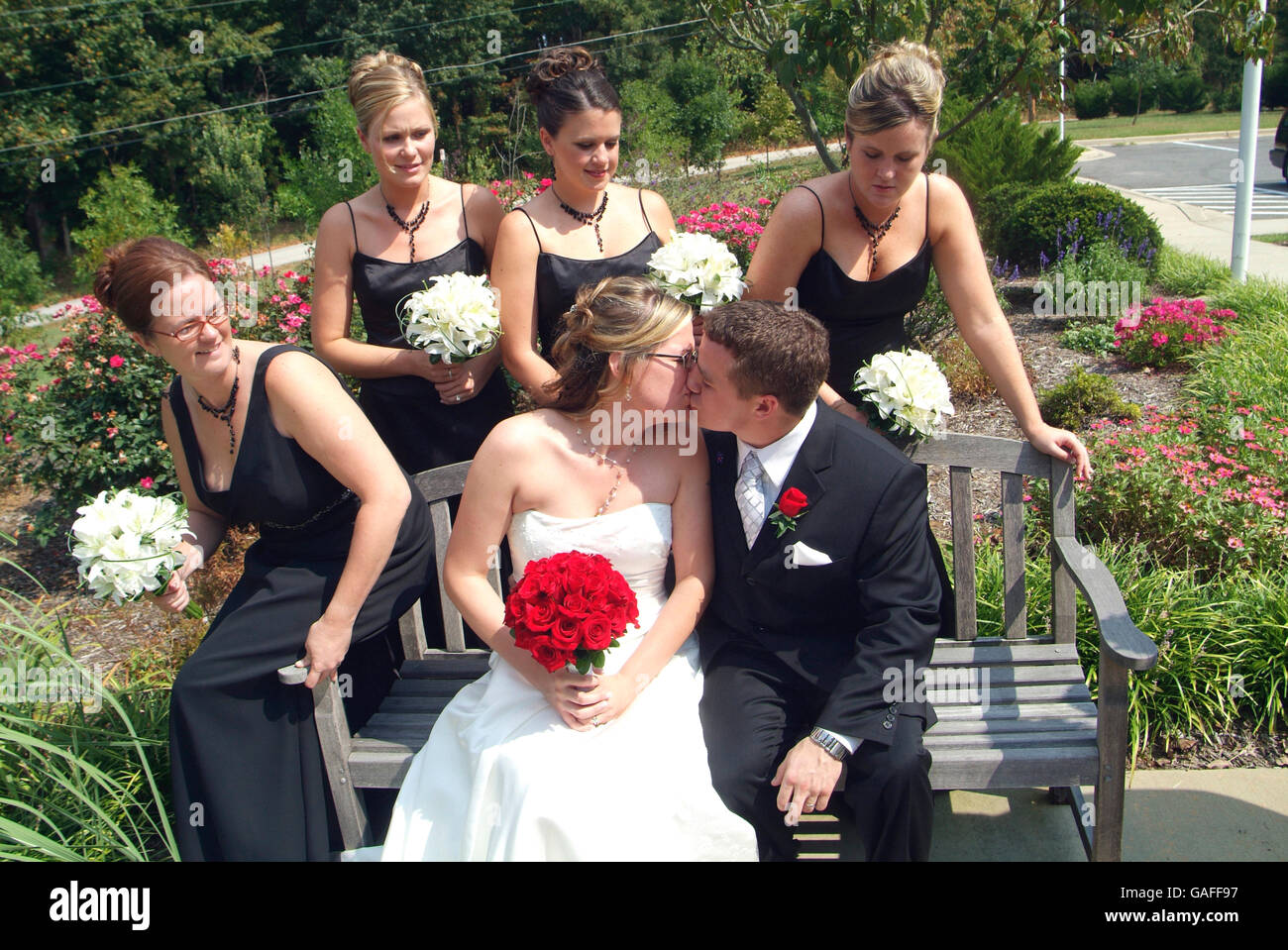 Husband and wife kissing on wedding day while bridesmaid watch Stock ...