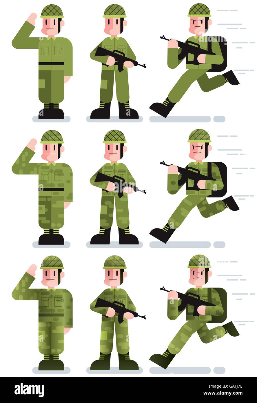 Flat design illustration of soldier in 3 poses and 3 color versions ...
