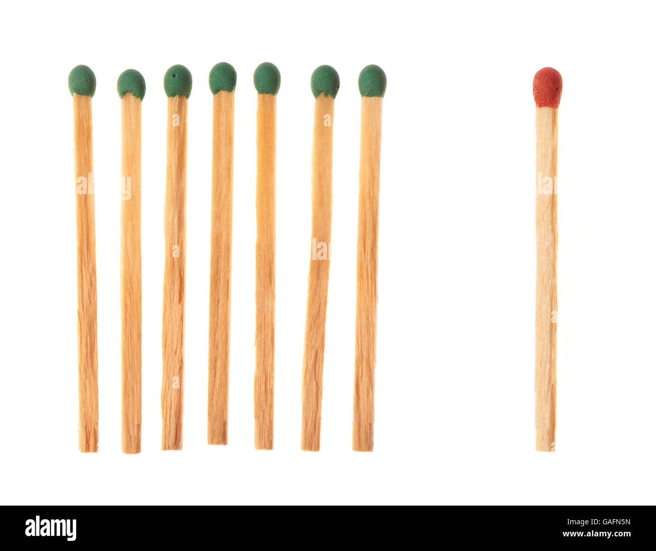Set of seven green wooden matches and one red isolated on white ...
