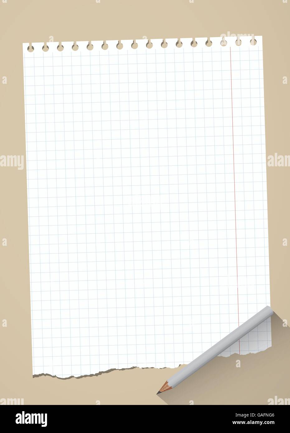 Ripped white grid notebook paper sheet are on brown background with ...