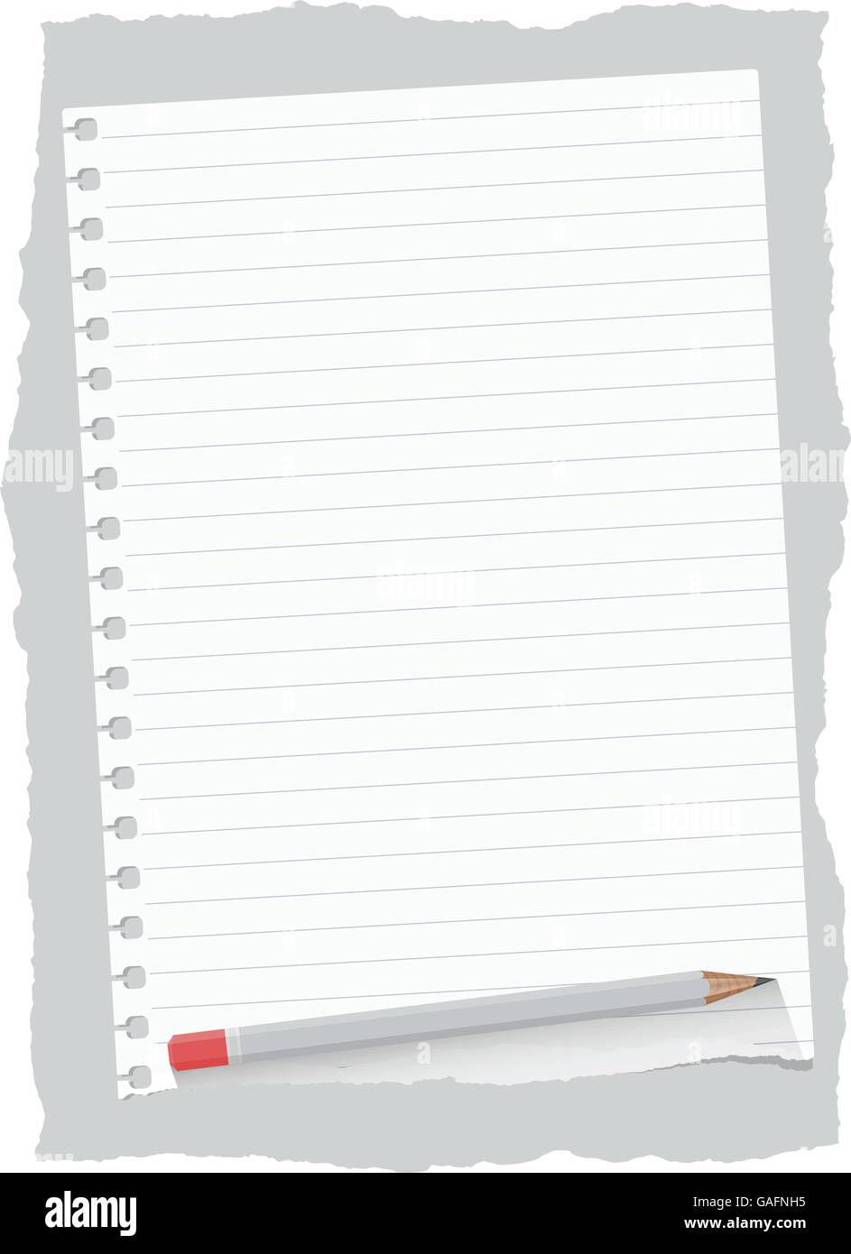 Ripped white ruled notebook paper sheet are on gray background with ...