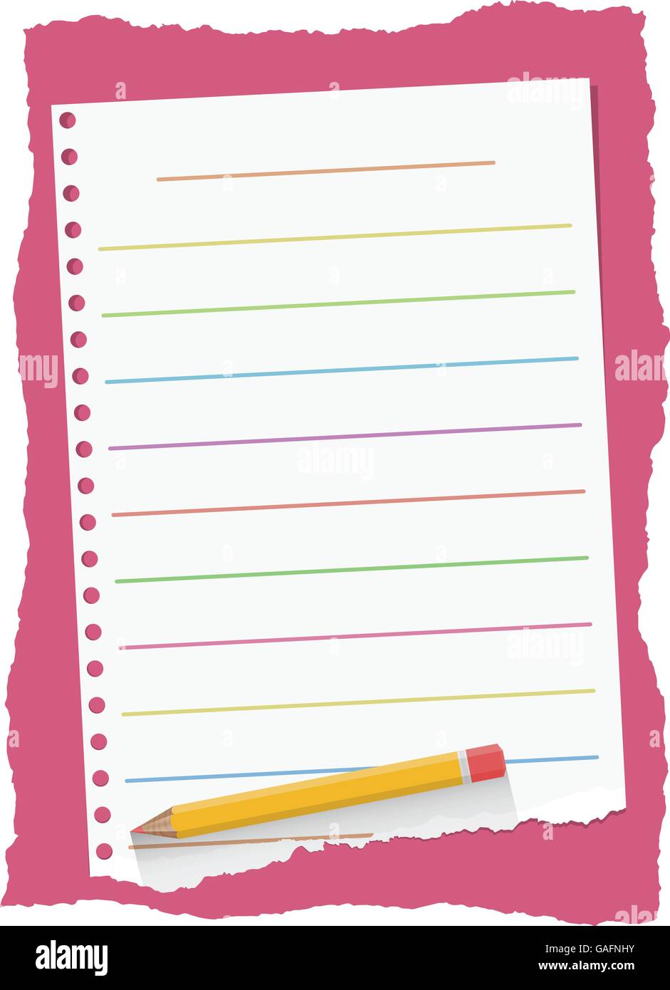 Colorful ruled, ripped white notebook paper sheet are on red background ...