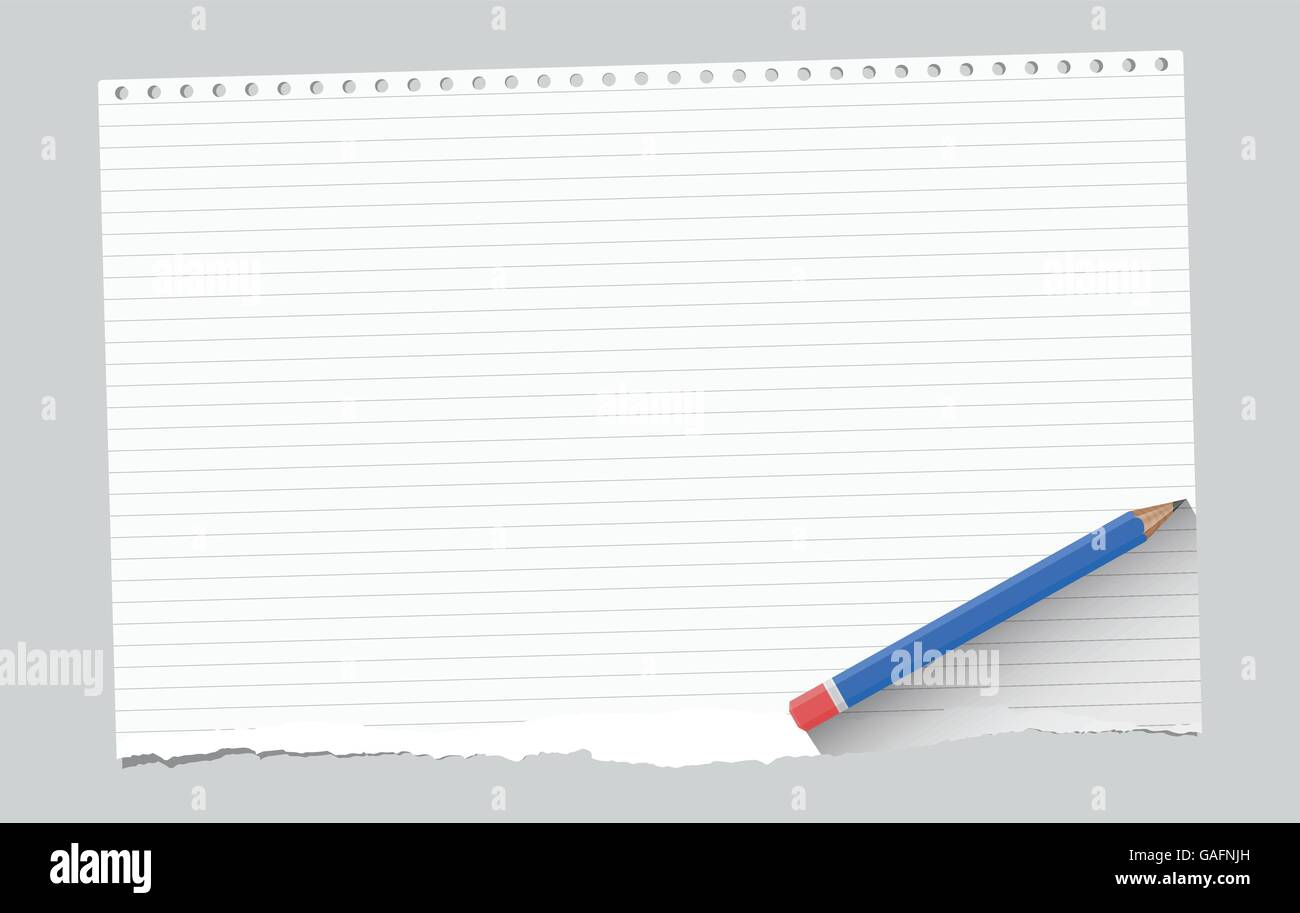 Ripped white ruled notebook paper sheet are on gray background with ...