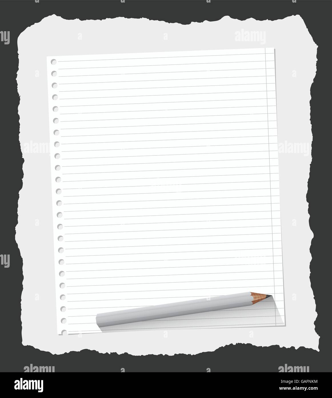 White ruled notebook paper sheet are on gray ripped background with ...
