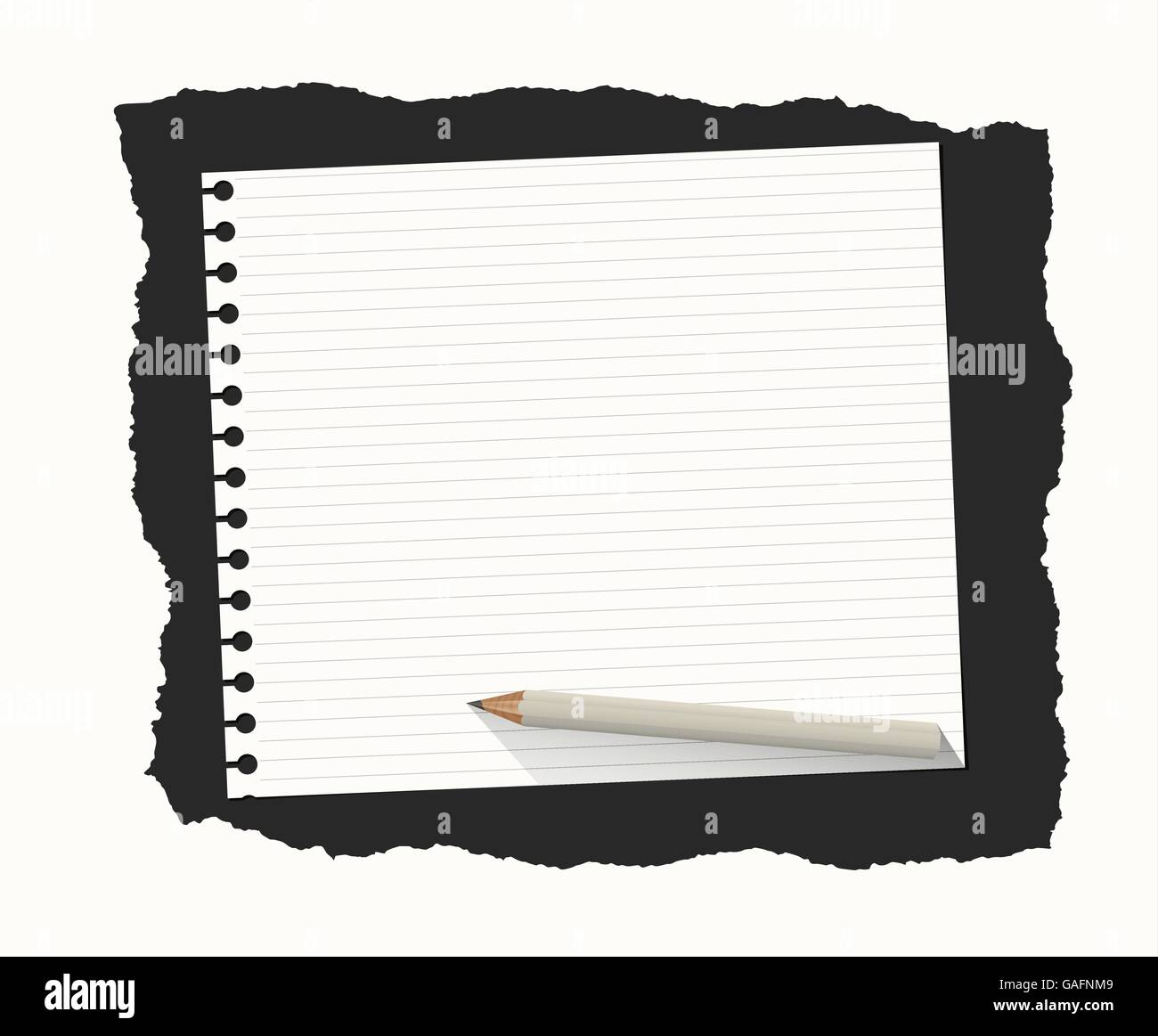 White ruled notebook paper sheet are on black ripped background with ...