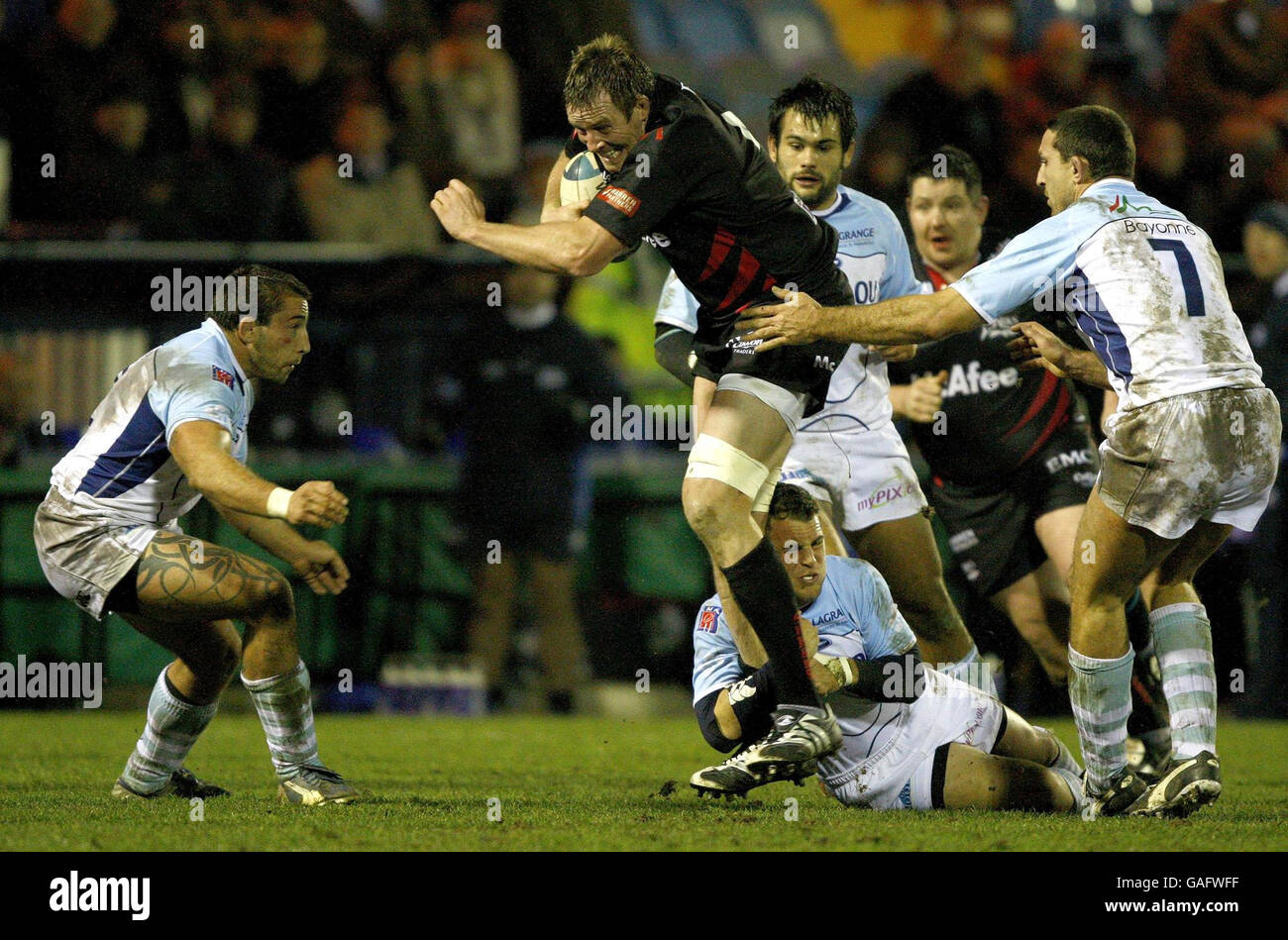 Sale Sharks' Dean Schofield gets through the Bayonne defence during ...