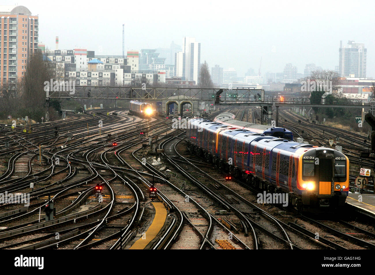A train comes into Clapham Junction station in south London. Clapham ...