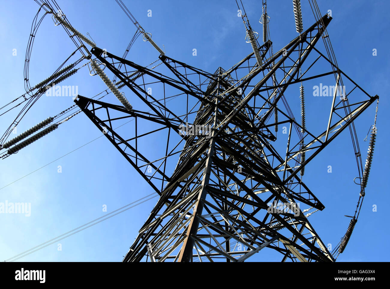 A power pylon at Sizewell B Nuclear Power Station, in Sizewell, Suffolk ...
