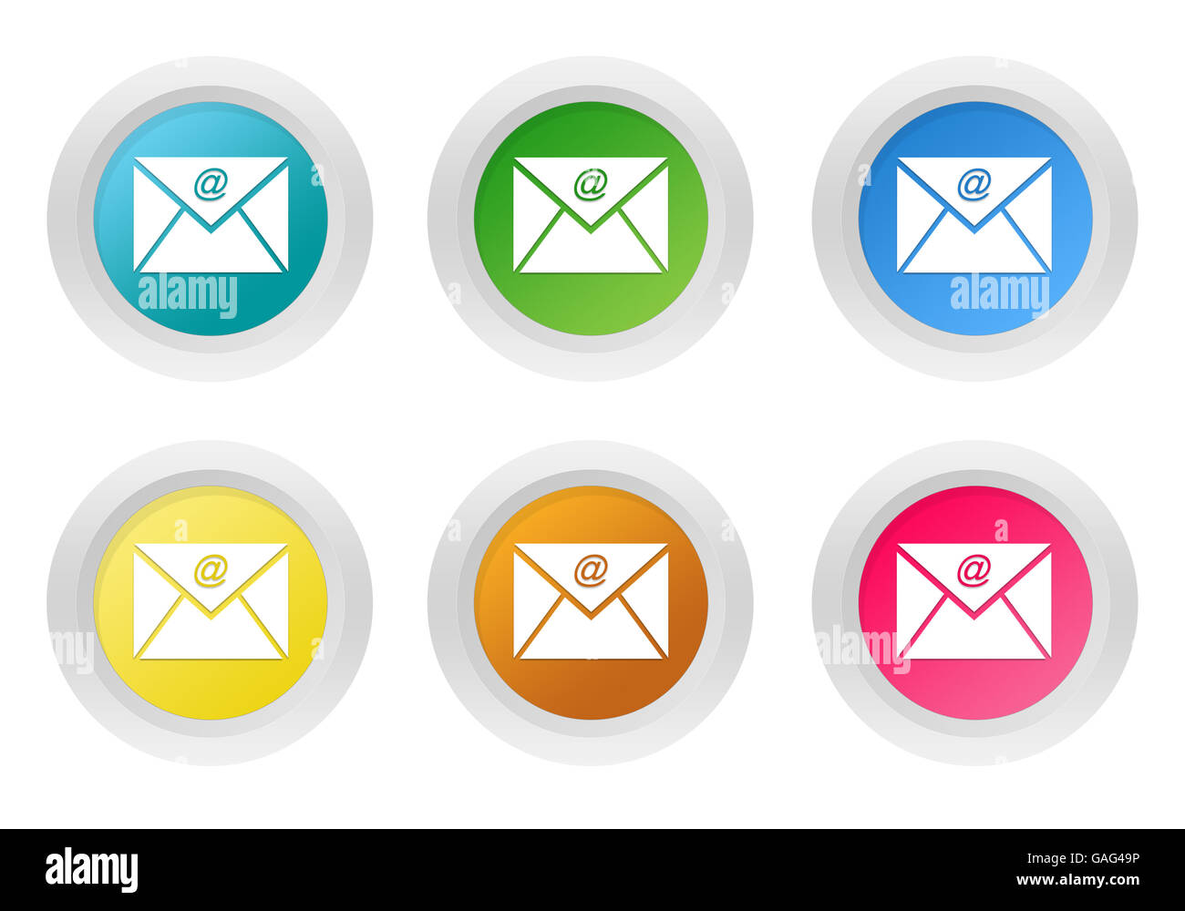 Set of rounded colorful icons with email symbol in blue, green, yellow ...