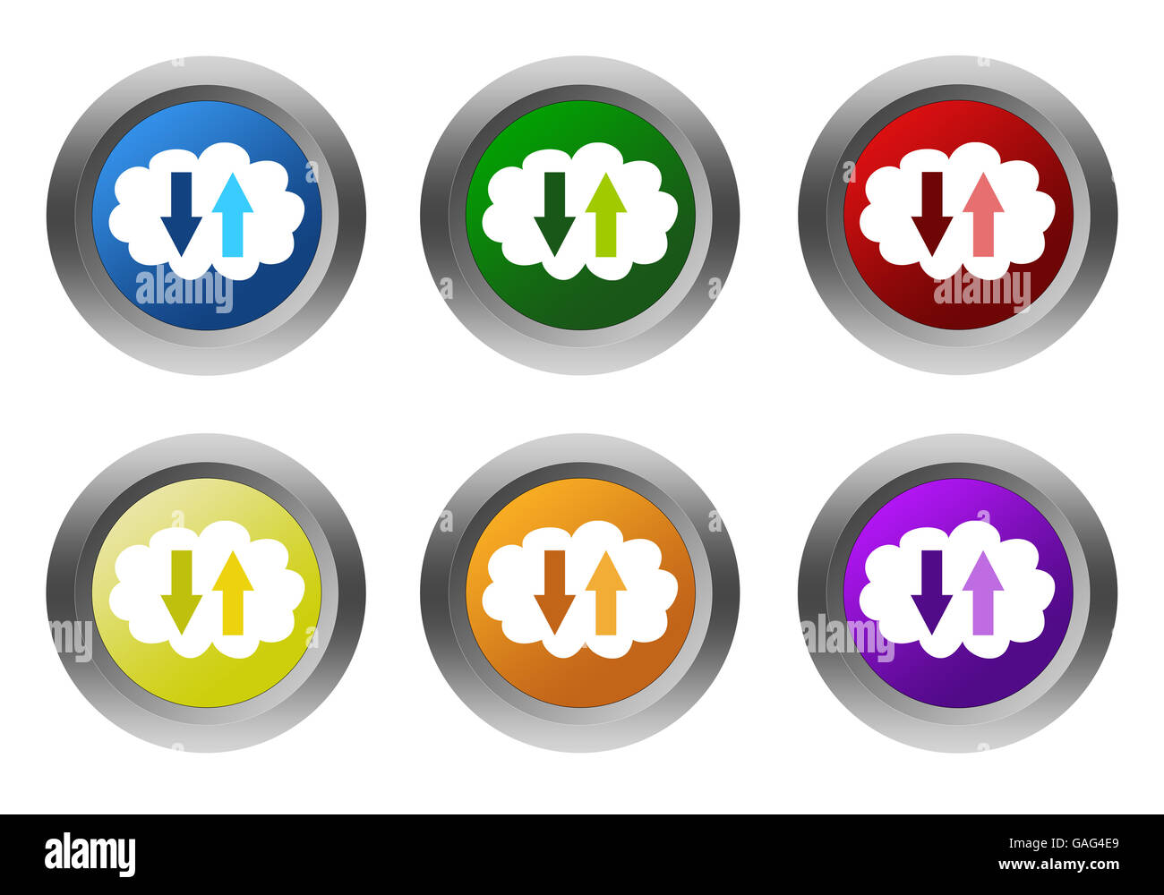 Colorful rounded buttons with a cloud symbol in blue, green, yellow ...