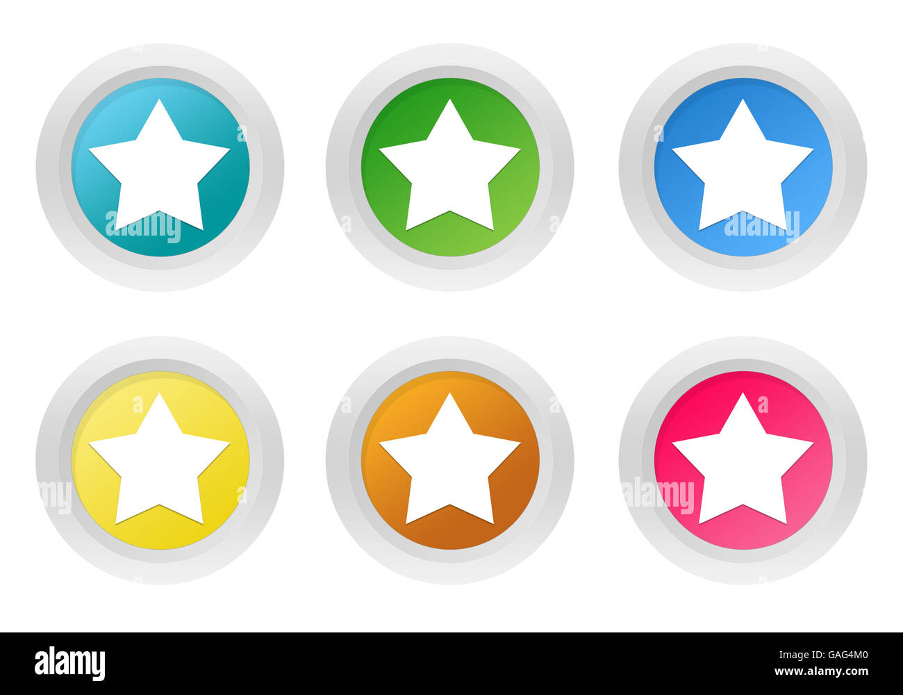 Set of icons with stars in colors blue, green, yellow, pink, red and ...