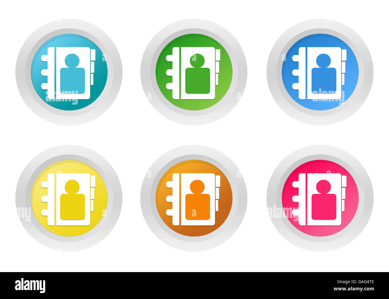 Set of rounded buttons with address book symbol in blue, green, yellow ...
