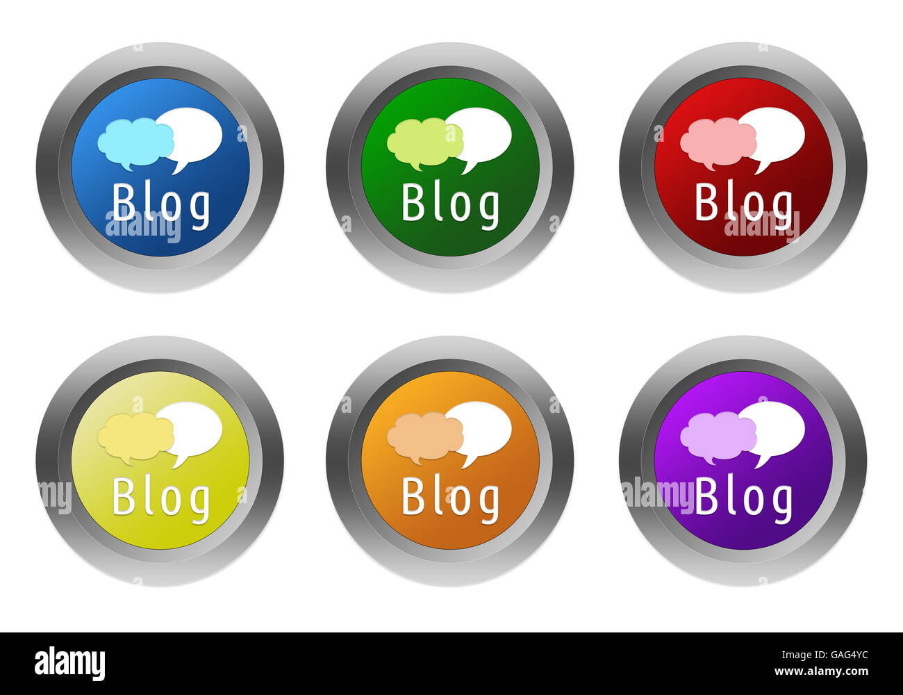 Set of rounded buttons with blog symbol in blue, green, red, orange ...