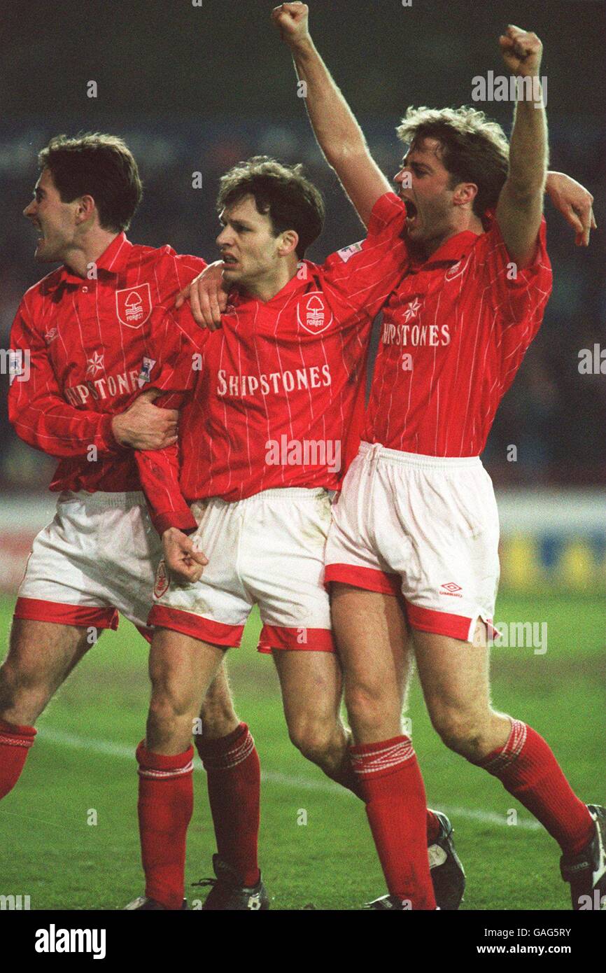 Gary Crosby, Nottingham Forest, celebrates his goal with Nigel Clough ...