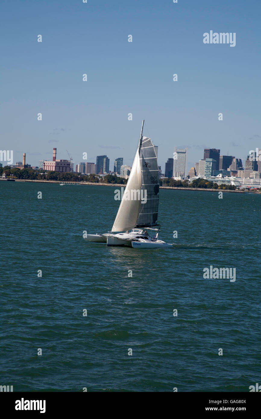 Catamaran sailing around Boston harbor and islands an area of ...